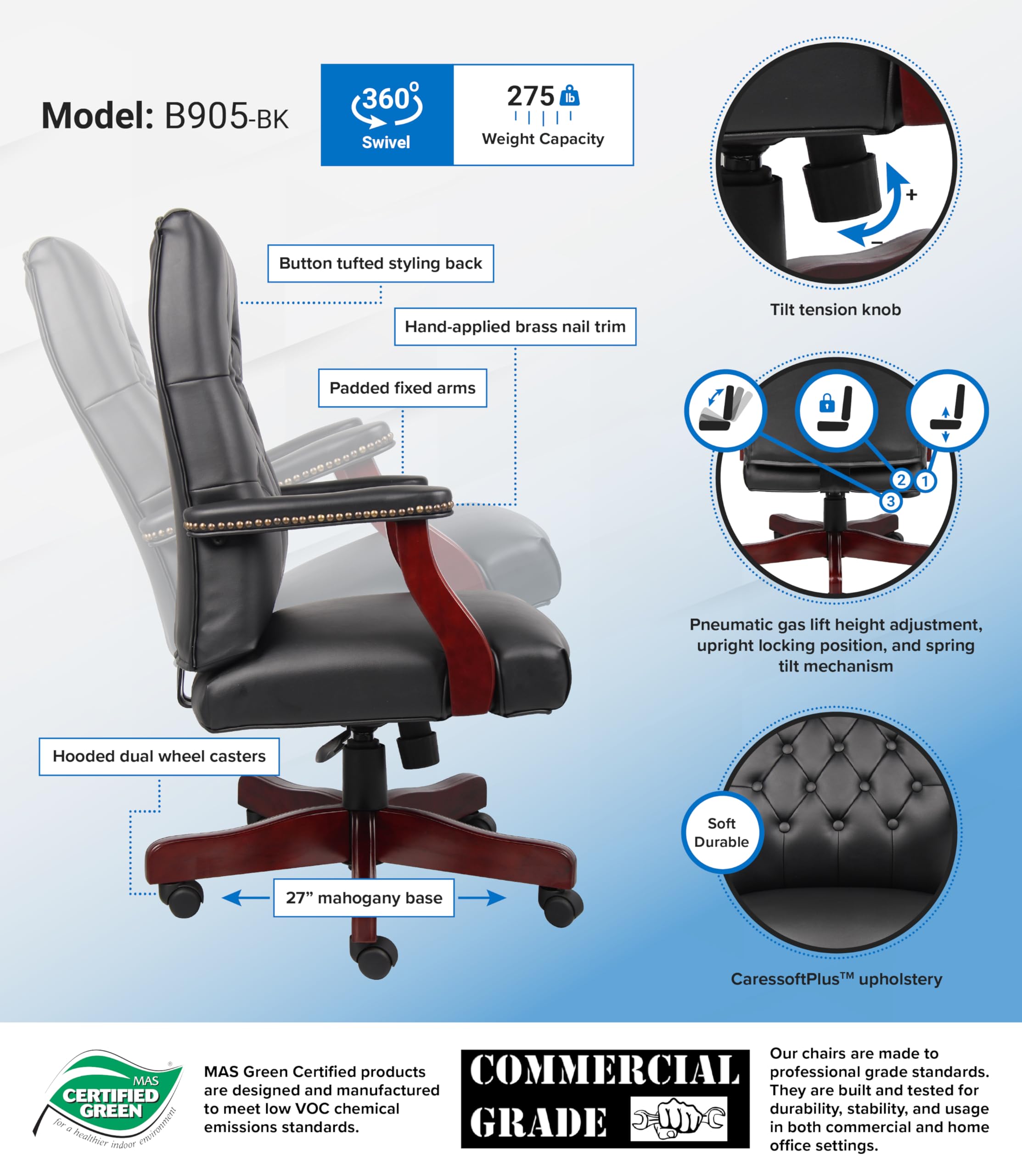 Boss Office Products Classic Executive Caressoft Chair with Mahogany Finish in Black