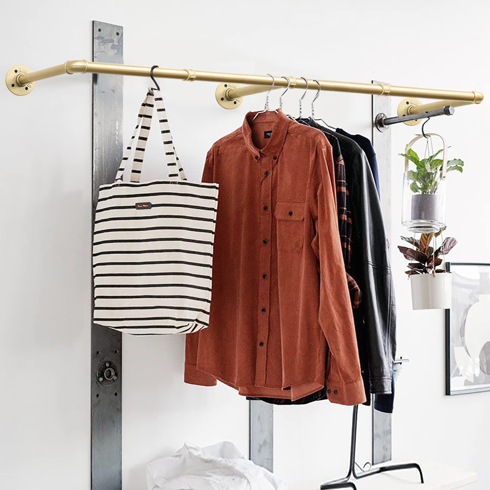 Varsoul Wall Industrial Pipe Clothes Racks, DIY Floating Hanger Rustic Home Pipe Decor, Mounted Closet Storage Organizer Holder Systems, Heavy Duty Garment Rod Pole For Cloakrooms Bathroom Black Iron