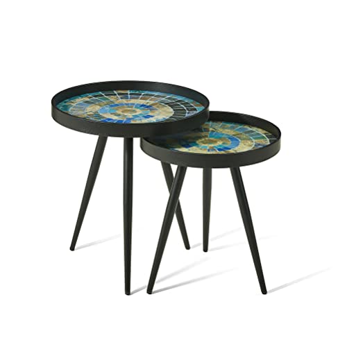 Glitzhome S/2 Modern Nesting End Table Set - Round Sofa Side Tables Living Room Accent Table Nesting Lamp Table with Mosaic Pattern Tray Top
