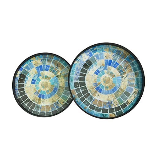 Glitzhome S/2 Modern Nesting End Table Set - Round Sofa Side Tables Living Room Accent Table Nesting Lamp Table with Mosaic Pattern Tray Top