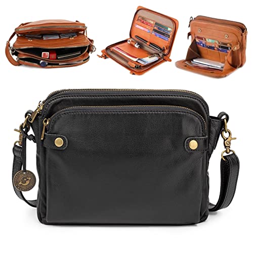 Crossbody Leather Shoulder Bags and Clutches, Women's 3 layer Multiple Compartments Clutch Purse Handbag Off-Crossbody (Black)