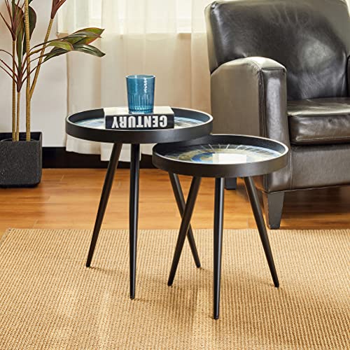 Glitzhome S/2 Modern Nesting End Table Set - Round Sofa Side Tables Living Room Accent Table Nesting Lamp Table with Mosaic Pattern Tray Top
