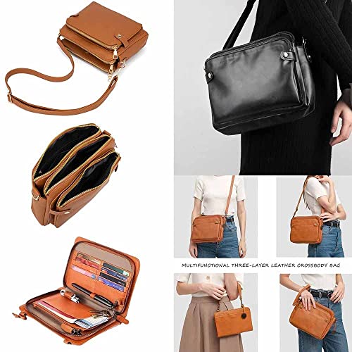 Crossbody Leather Shoulder Bags and Clutches, Women's 3 layer Multiple Compartments Clutch Purse Handbag Off-Crossbody (Black)