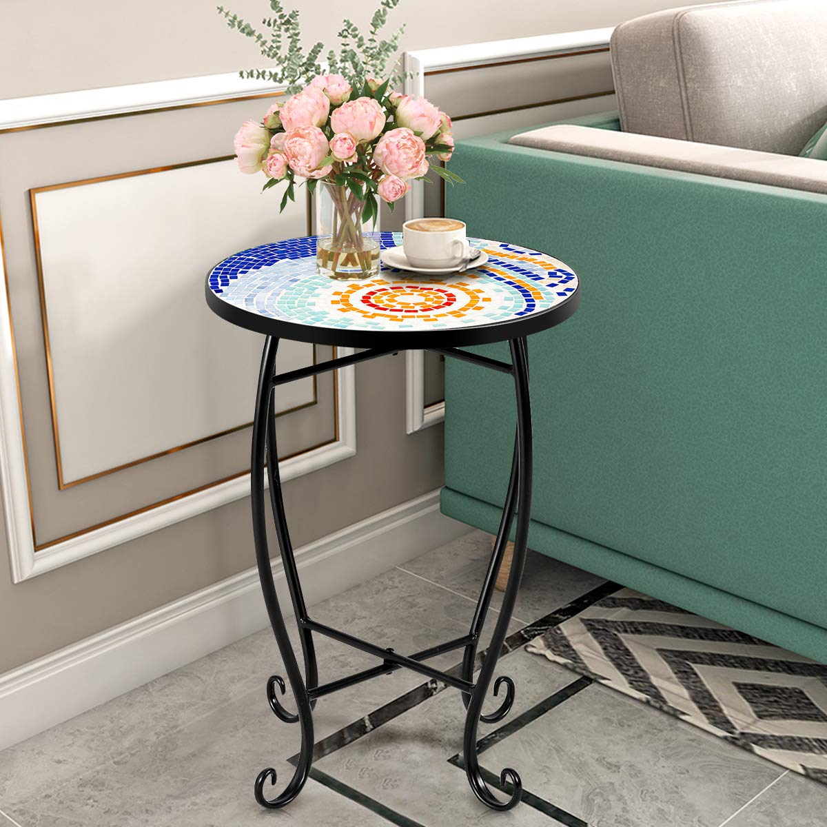 RELAX4LIFE Side Table Outdoor Mosaic Round 14 Inch W/Glass Table Top and Steel Fram for Patio, Lawn, Garden, Balcony and Home, Small End Table (Navy)