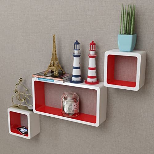 Natulvd Floating Cube Shelves Set of 3 - 2 Sizes Square Wall Mounted Hanging Shelves, Decor Shelf for Living Room, Bedroom, Trophy Display, Photo Frames - Red
