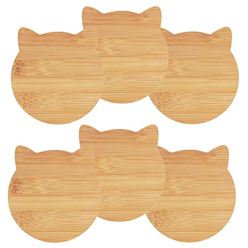 Baveke Bamboo Crafted Unique Adorable Cat Shaped Coasters Set of 6 for Bar Dining Table Kitchen Home Décor - 5.3 Inches, Natural
