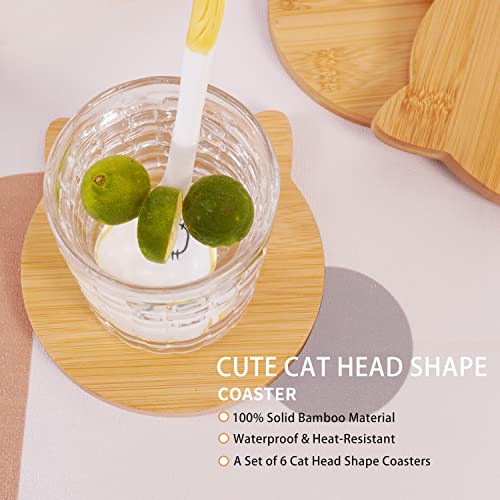 Baveke Bamboo Crafted Unique Adorable Cat Shaped Coasters Set of 6 for Bar Dining Table Kitchen Home Décor - 5.3 Inches, Natural