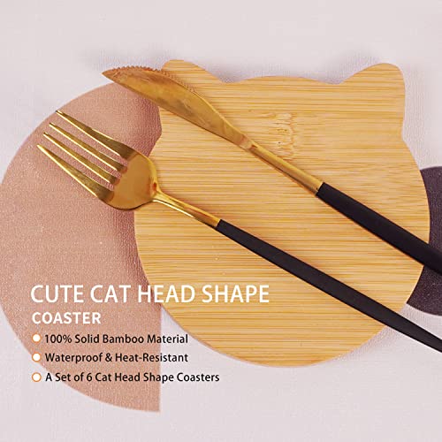Baveke Bamboo Crafted Unique Adorable Cat Shaped Coasters Set of 6 for Bar Dining Table Kitchen Home Décor - 5.3 Inches, Natural