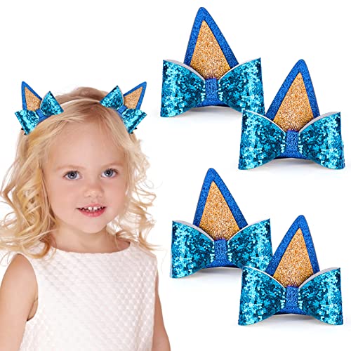 BABORUI 4PCS Bluye Hair Clips for Girls, Glitter Dog Ear Hair Bow Clips for Toddler Girls, Kids Cute Blue Hair Accessories for Birthday Costume Party Favor Decorations Supplies
