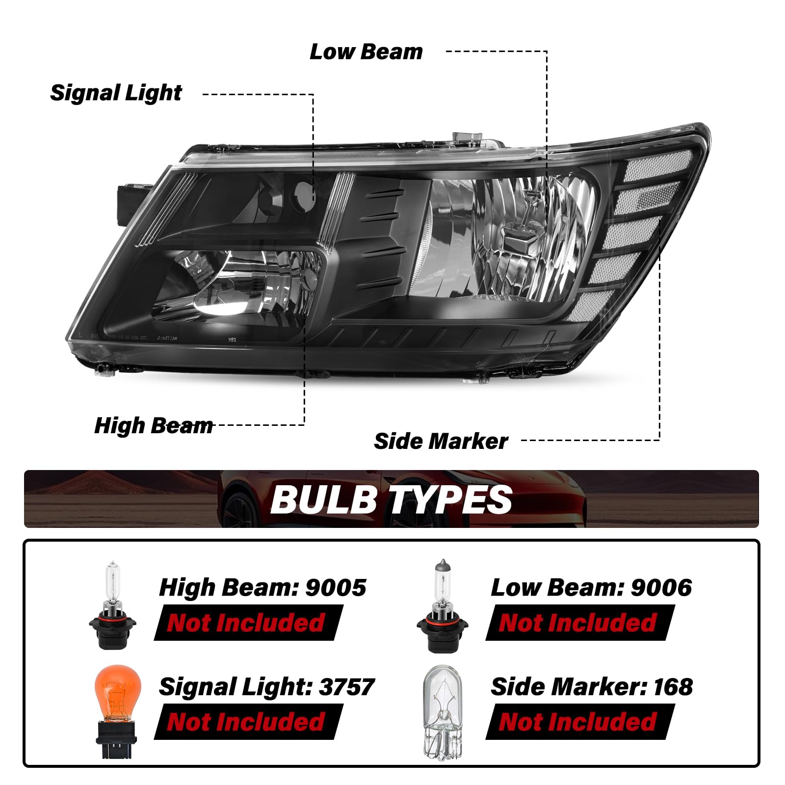 Bingbingmotor BRYGHT Headlight Assembly Fit for 09-20 Dodge Journey Passenger and Driver Side Halogen Replacement OE Headlamp Black Housing with Clear Reflector