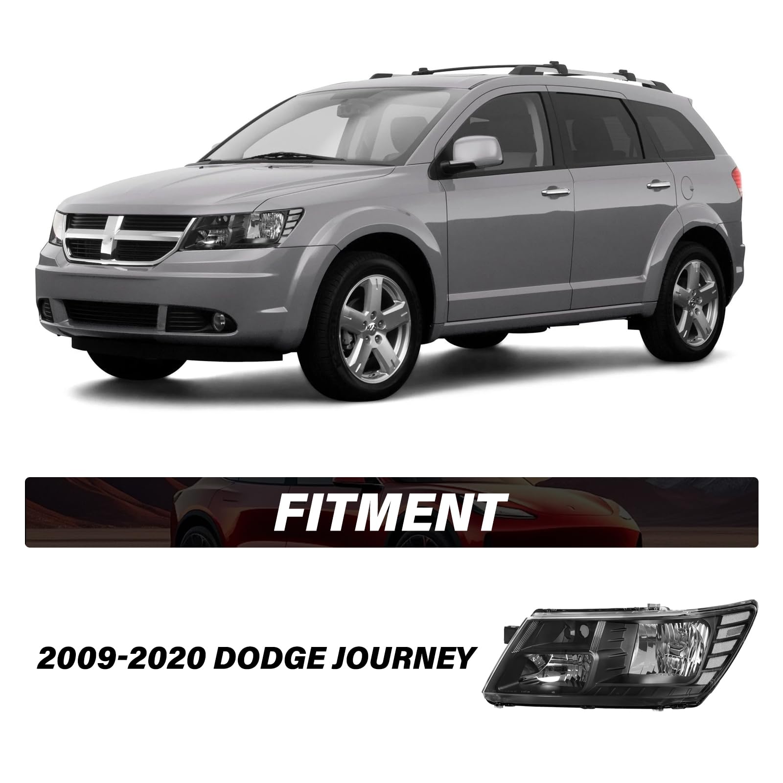 Bingbingmotor BRYGHT Headlight Assembly Fit for 09-20 Dodge Journey Passenger and Driver Side Halogen Replacement OE Headlamp Black Housing with Clear Reflector