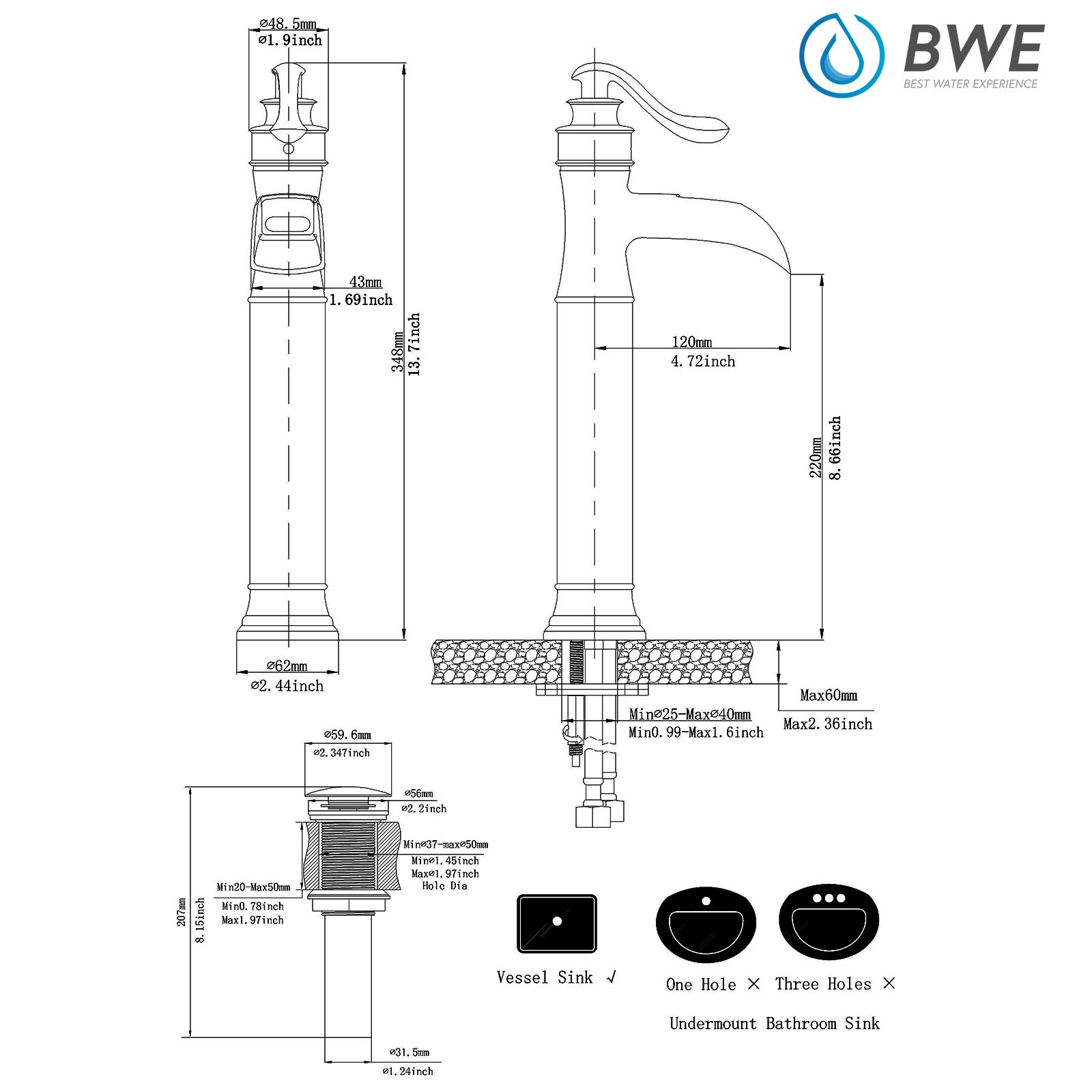 BWE Vessel Sink Faucet Waterfall Matte Black with Pop Up Drain Without Overflow and Supply Lines Bathroom faucets for Sink 1 Hole One Handle Faucets Vanity Bath Mixer Tap