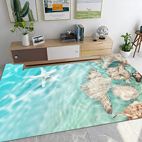 Teal Ocean Beach Theme Shell and Starfish Area Rug for Bedroom Playroom Living Room Washable Soft Funky Cute Dining Room Carpet Indoor No-Slip Hallway Kitchen Bathroom Rug 3x8