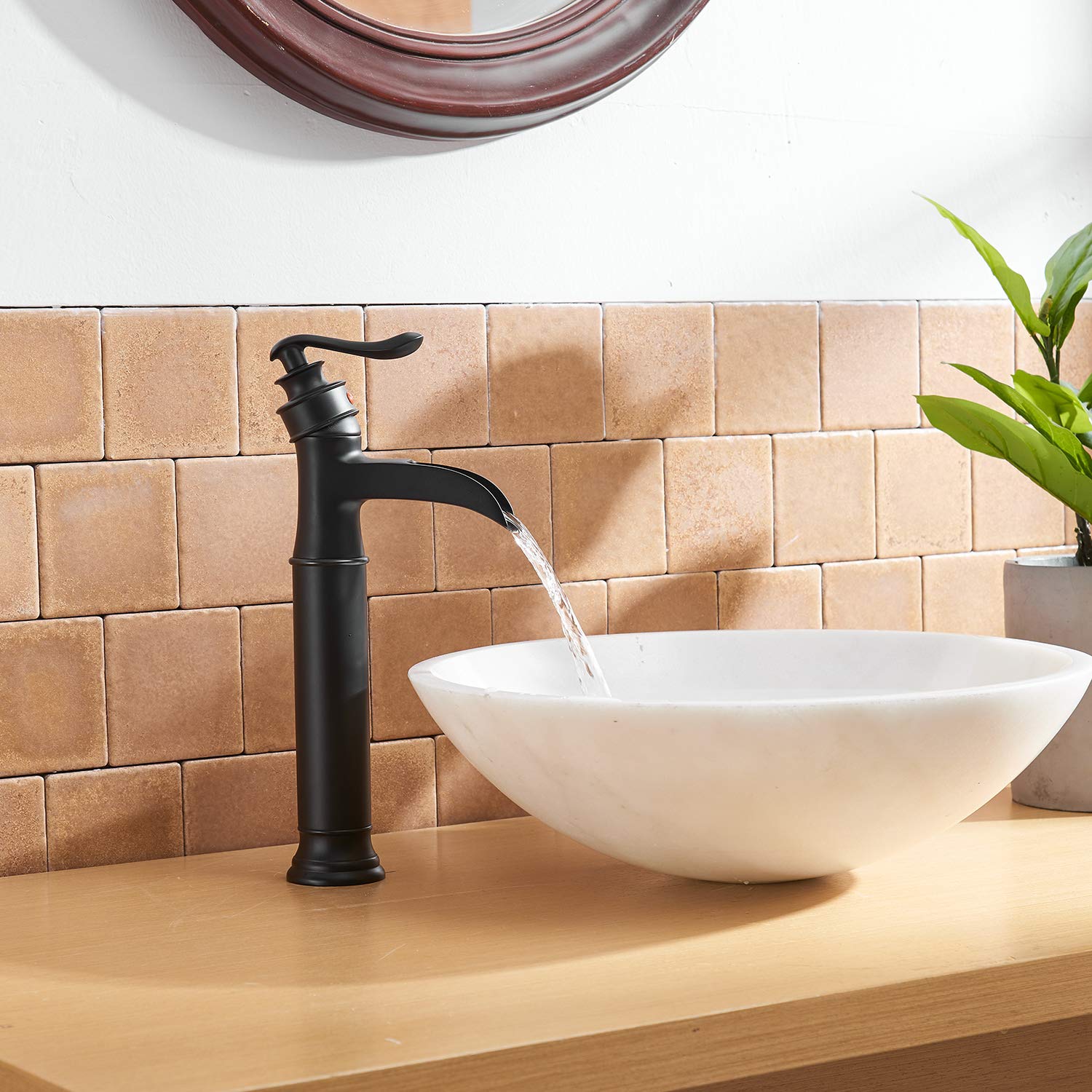 BWE Vessel Sink Faucet Waterfall Matte Black with Pop Up Drain Without Overflow and Supply Lines Bathroom faucets for Sink 1 Hole One Handle Faucets Vanity Bath Mixer Tap