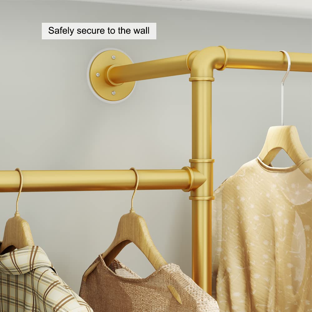 KaKaBB Gold Pipe Clothing Rack, Clothes Rack for Wardrobe, Bedroom and as walk-in Closet System, Double Hanging Rods Clothes Rack with Shelves,Heavy Duty Clothes Rack Wall Mounted(Gold)