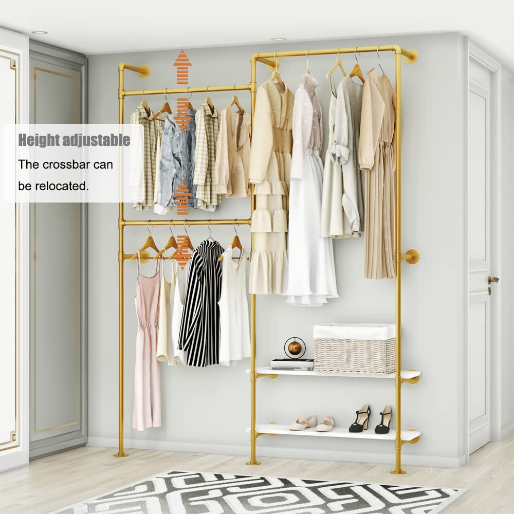 KaKaBB Gold Pipe Clothing Rack, Clothes Rack for Wardrobe, Bedroom and as walk-in Closet System, Double Hanging Rods Clothes Rack with Shelves,Heavy Duty Clothes Rack Wall Mounted(Gold)