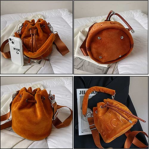Qiayime Bucket Bag for Women, Mini Shoulder Bag Purses Soft Plush Top-Handle Crossbody Bucket Bag Drawstring Handbag Hobo Bag (Brown)