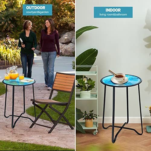 LIFFY Outdoor Side Table, 14" Weather Resistant Metal & Glass Patio Accent Side Table, Indoor Home Decorative End Table, Plant Stands Table Outside, for Yard Balcon Garden Bedside (Blue Jellyfish)