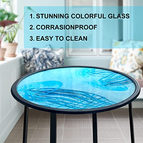 LIFFY Outdoor Side Table, 14" Weather Resistant Metal & Glass Patio Accent Side Table, Indoor Home Decorative End Table, Plant Stands Table Outside, for Yard Balcon Garden Bedside (Blue Jellyfish)