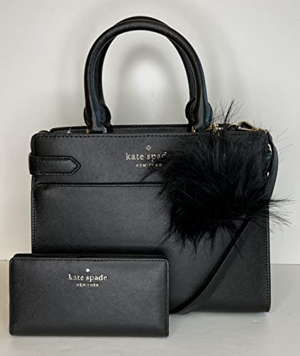 Kate Spade New York Staci MD Satchel bundled with matching Slim Bifold Wallet and Fur Pom (Black)