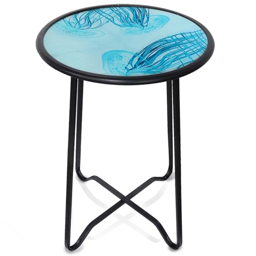 LIFFY Outdoor Side Table, 14" Weather Resistant Metal & Glass Patio Accent Side Table, Indoor Home Decorative End Table, Plant Stands Table Outside, for Yard Balcon Garden Bedside (Blue Jellyfish)