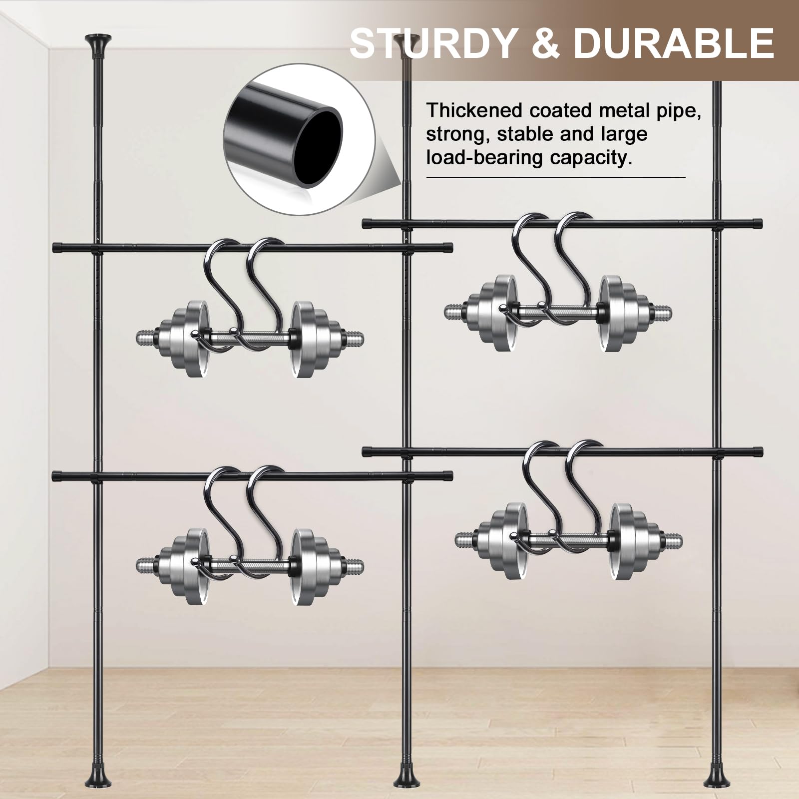 Closet Organizer Clothes Rack, Heavy Duty 4-Tier Adjustable Free Standing Laundry Drying Garment Rack, Floor to Ceiling Clothing Hanger Tension Rod Closet System Wardrobe Storage Matt Black