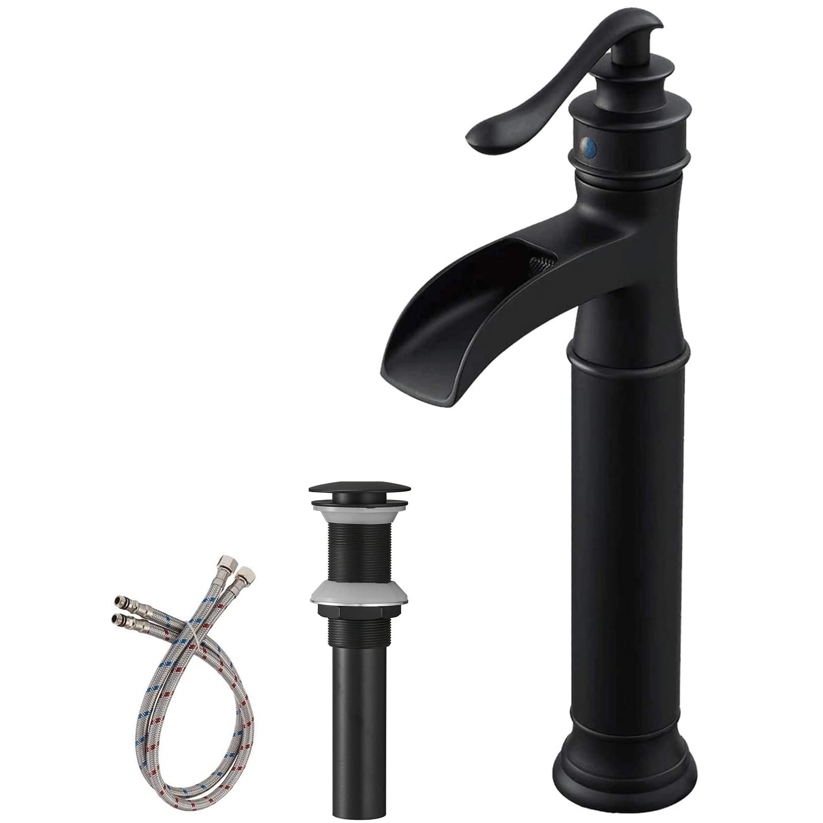 BWE Vessel Sink Faucet Waterfall Matte Black with Pop Up Drain Without Overflow and Supply Lines Bathroom faucets for Sink 1 Hole One Handle Faucets Vanity Bath Mixer Tap