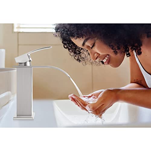 DJS Waterfall Single Handle Modern Bathroom Faucet, Brushed Nickel, 1 or 3 Hole Bathroom Sink Faucet Mixer Tap Washbasin, Faucet with Deck, Pop-up Drain and Supply Hoses
