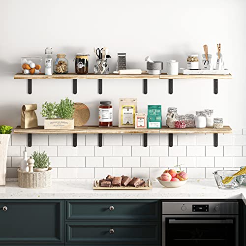 Fixwal Floating Shelves, Rustic Wood Wall Shelves Set of 6, Shelves for Wall Decor, Farmhouse Style for Bedroom, Living Room, Kitchen, Bathroom, Office and Plants (Carbonized Black)