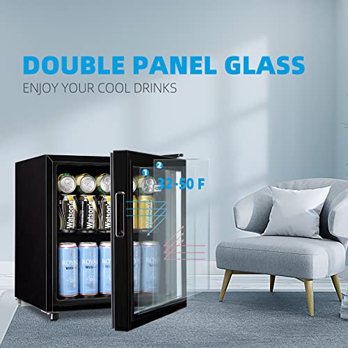 WANAI Mini Fridge Cooler 60Cans Beverage Refrigerator Glass Door Beverage Cooler for Beers Wine Juicer Cooler Adjustable Shelves LED Lights for Home, Office or Bar