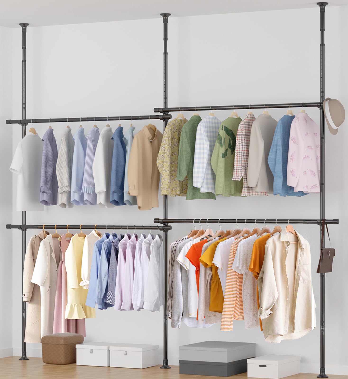 Closet Organizer Clothes Rack, Heavy Duty 4-Tier Adjustable Free Standing Laundry Drying Garment Rack, Floor to Ceiling Clothing Hanger Tension Rod Closet System Wardrobe Storage Matt Black