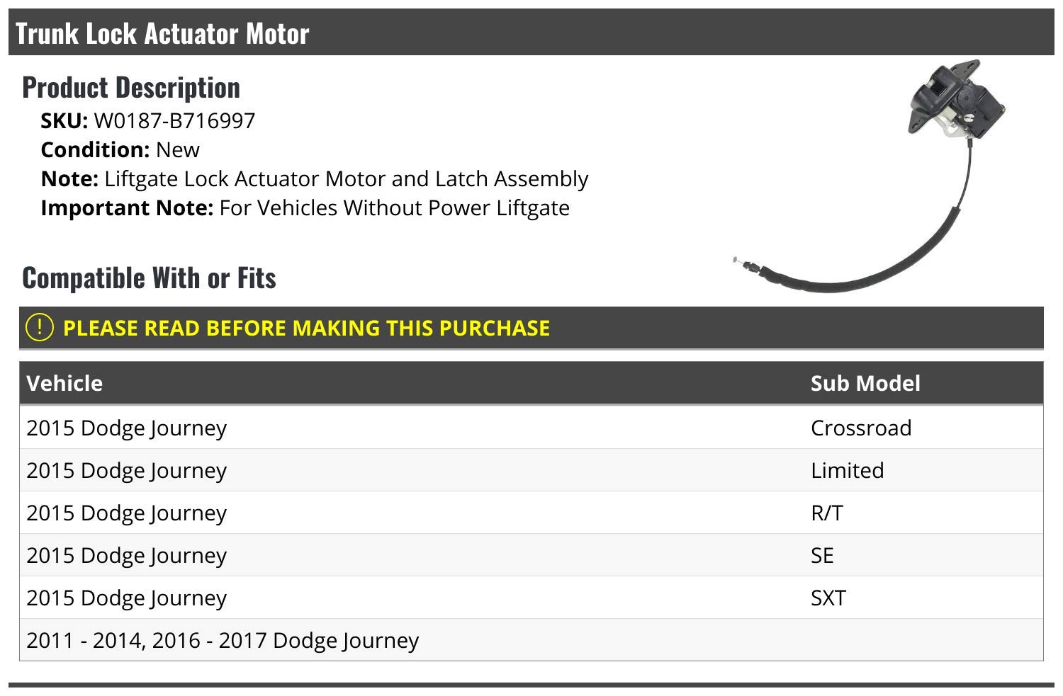 Marketplace Auto Parts, Trunk Liftgate Lock Actuator Motor and Latch Assembly - Compatible with 2011-2017 Dodge Journey (For Vehicles without Power Liftgate)