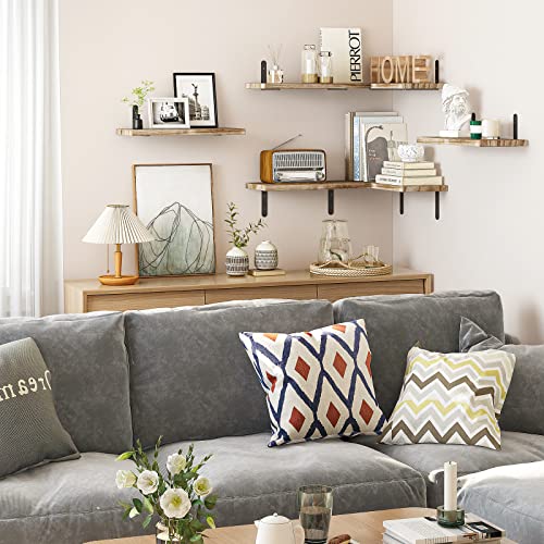 Fixwal Floating Shelves, Rustic Wood Wall Shelves Set of 6, Shelves for Wall Decor, Farmhouse Style for Bedroom, Living Room, Kitchen, Bathroom, Office and Plants (Carbonized Black)