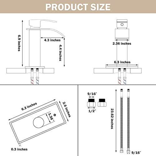 DJS Waterfall Single Handle Modern Bathroom Faucet, Brushed Nickel, 1 or 3 Hole Bathroom Sink Faucet Mixer Tap Washbasin, Faucet with Deck, Pop-up Drain and Supply Hoses