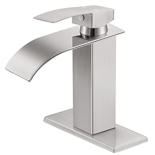 DJS Waterfall Single Handle Modern Bathroom Faucet, Brushed Nickel, 1 or 3 Hole Bathroom Sink Faucet Mixer Tap Washbasin, Faucet with Deck, Pop-up Drain and Supply Hoses