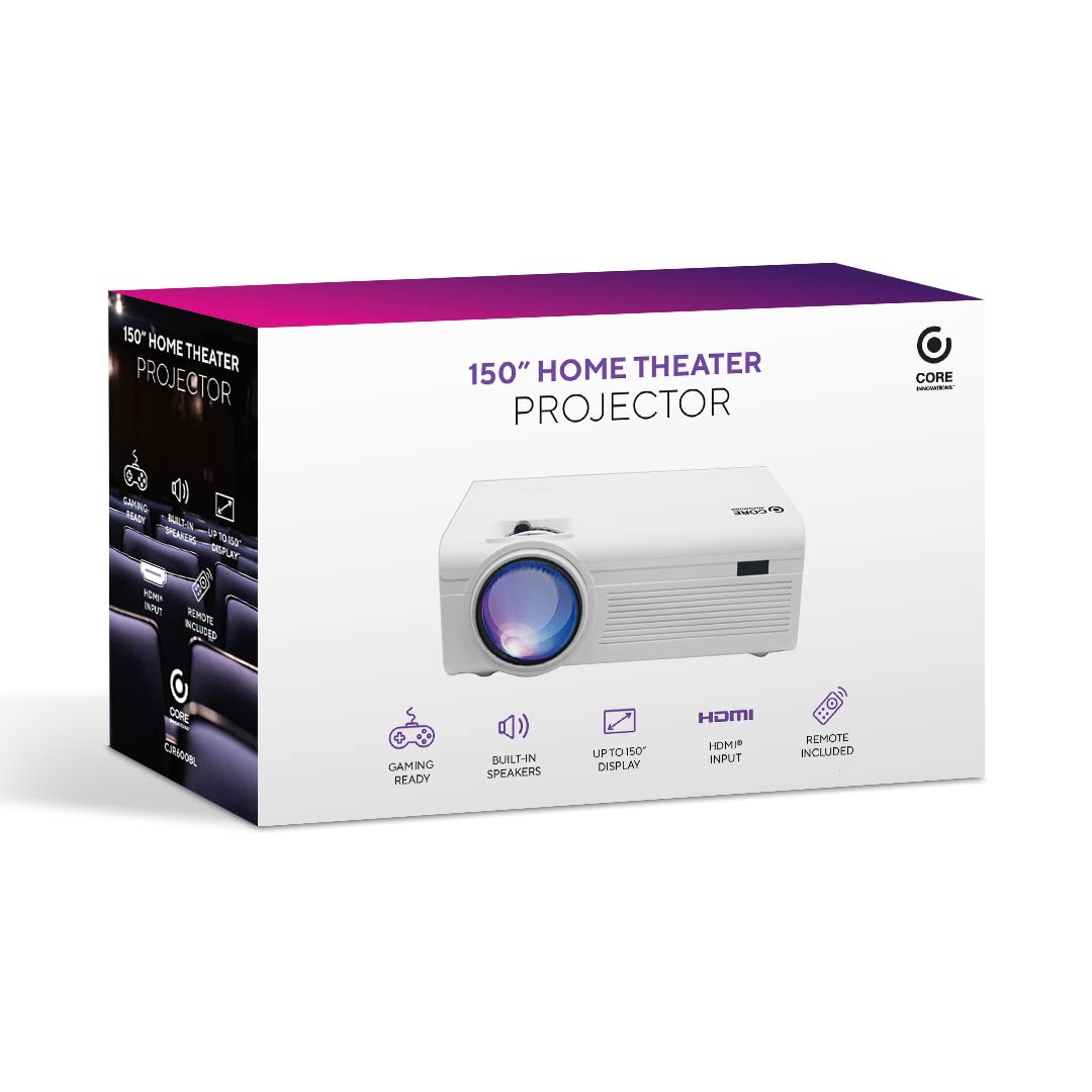 Core Innovations 150" LCD Home Theater Mini Projector, Adjustable Size, Built in Speakers, Compatible with TV Stick, Smartphone, Gaming Consoles, DVD Player, USB, (White)
