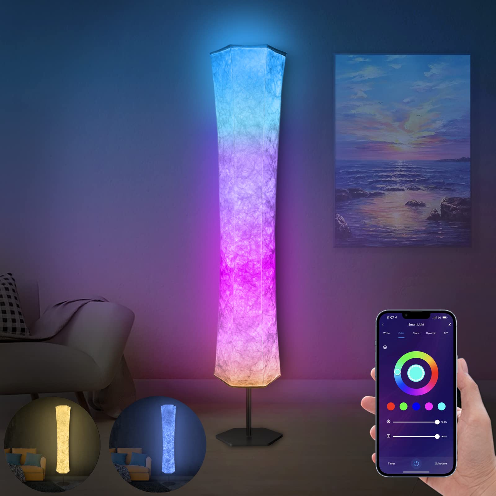AMERCOT Floor Lamp,RGB Color Changing Led Lamp,Smart Lamp ,Alexa APP Light Control,59" Modern Lamp with Remote,Music Mode,Dimmable Standing Lamp for Living Room Bedroom Game Room