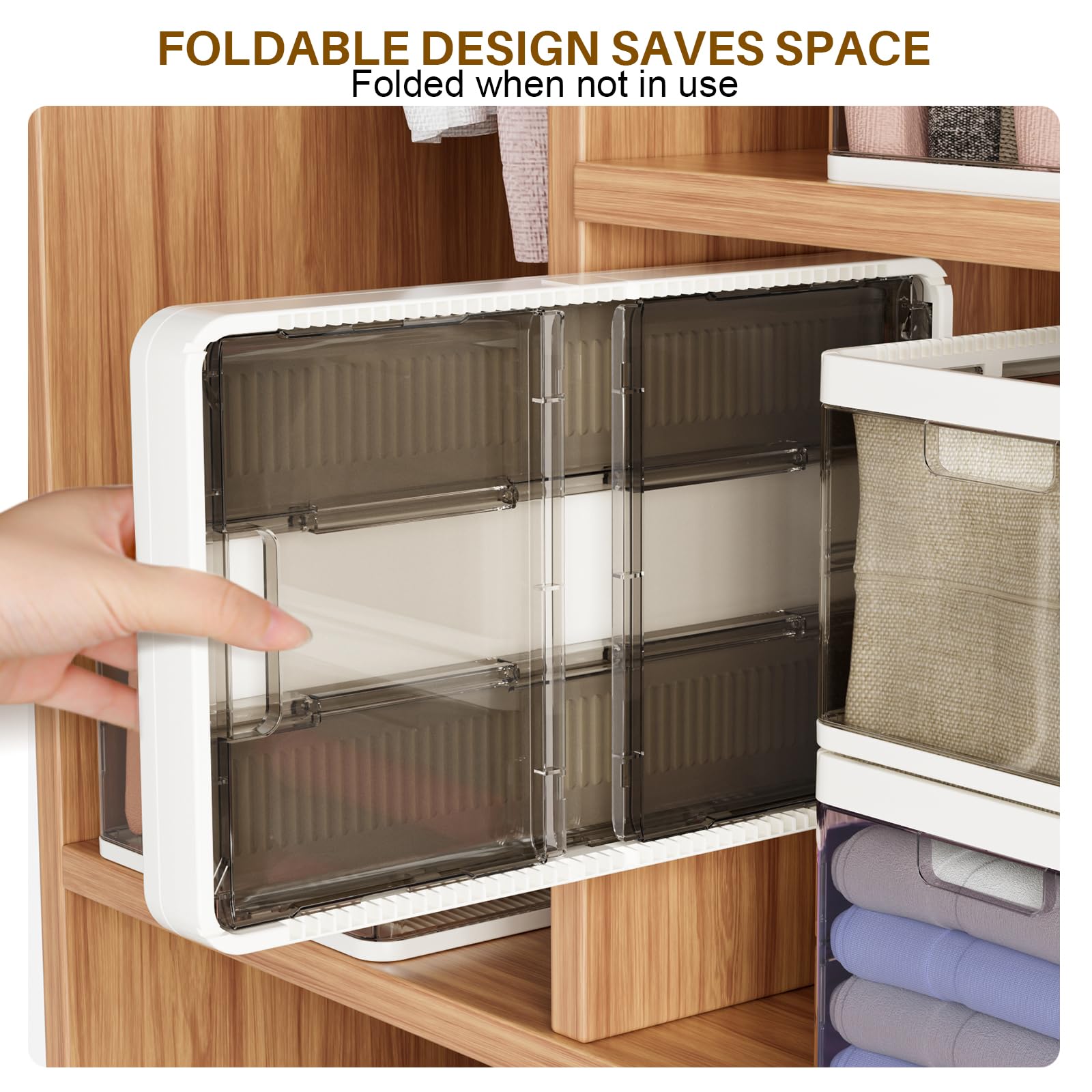 19QT Upgrade 4 Pack Stackable Storage Bins with 2 lids, Closet Organizers and Storage, Foldable Plastic Drawer Storage for Clothes, Toys, Clear with Black (Plastic)