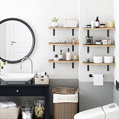 Fixwal Floating Shelves, Rustic Wood Wall Shelves Set of 6, Shelves for Wall Decor, Farmhouse Style for Bedroom, Living Room, Kitchen, Bathroom, Office and Plants (Carbonized Black)