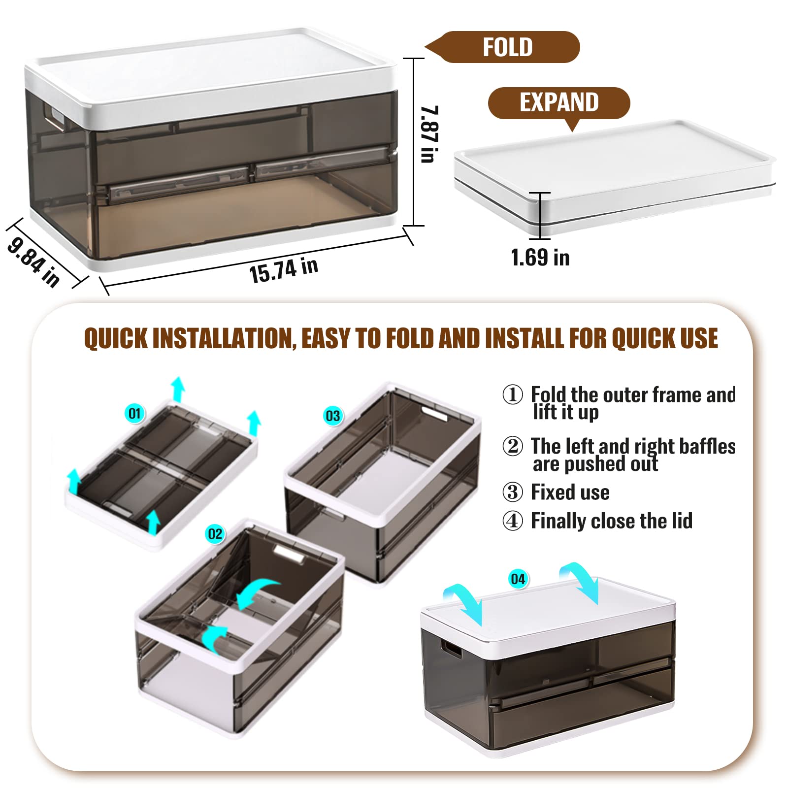 19QT Upgrade 4 Pack Stackable Storage Bins with 2 lids, Closet Organizers and Storage, Foldable Plastic Drawer Storage for Clothes, Toys, Clear with Black (Plastic)