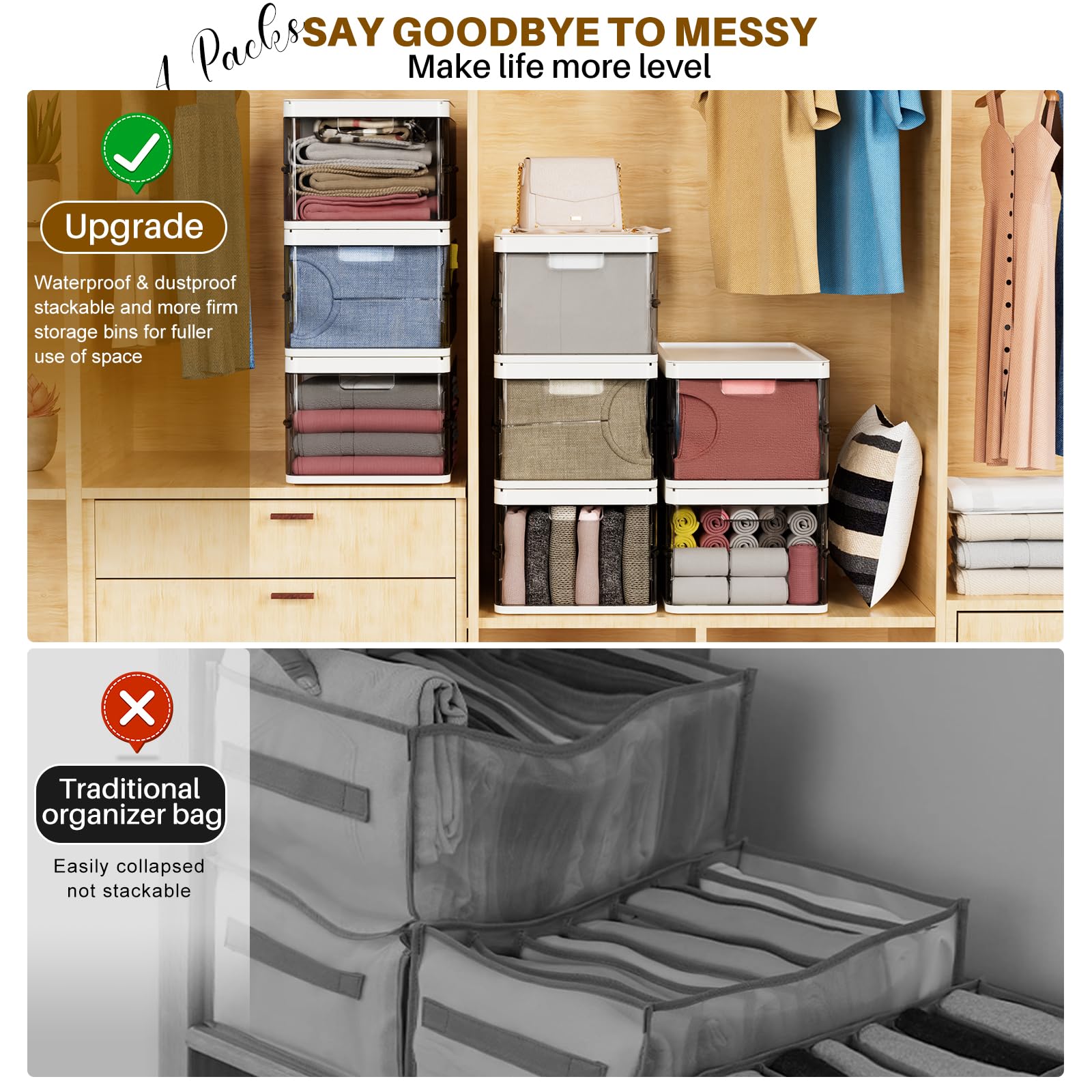 19QT Upgrade 4 Pack Stackable Storage Bins with 2 lids, Closet Organizers and Storage, Foldable Plastic Drawer Storage for Clothes, Toys, Clear with Black (Plastic)