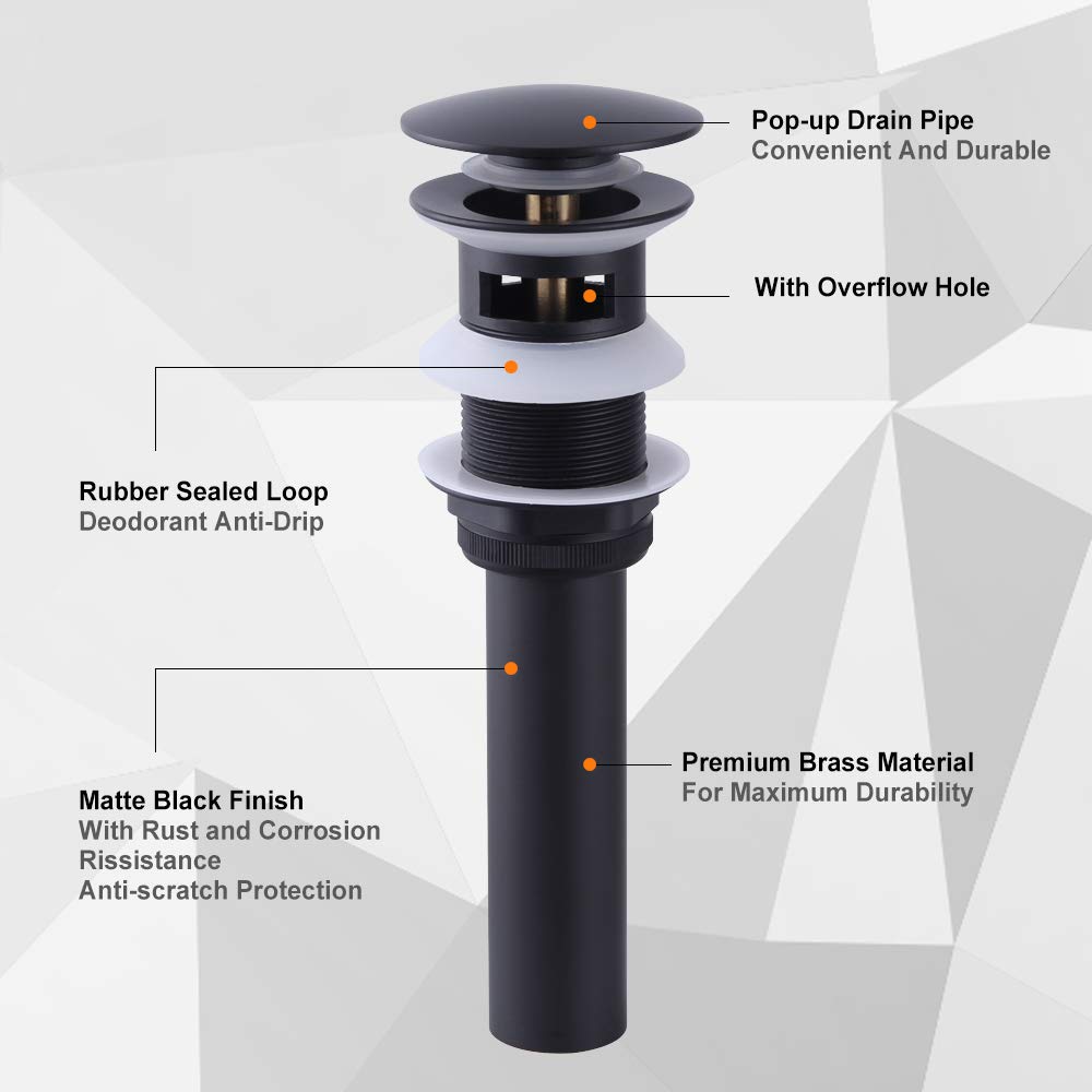 kimzcn Bathroom Sink Drain with Overflow Vessel Sink Stopper Pop Up Drain Assembly Matt Black D500031B