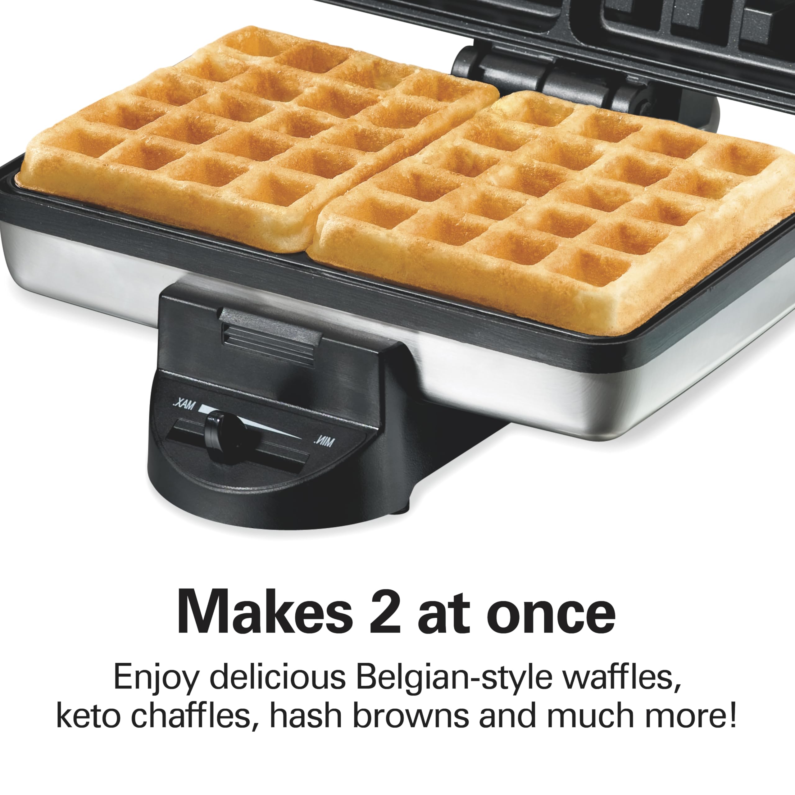 Hamilton Beach Belgian Mini Waffle Maker with Shade Control, Makes 2 at Once, Create Personalized Keto Chaffles and Hash Browns, Non-Stick Plates, Compact Design, Stainless Steel