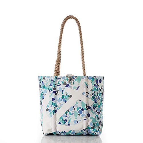 Sea Bags Recycled Sail Cloth White Anchor on Sea Glass Print Handbag Shoulder Bag, Small Tote Bag Rope Handles, Clasp Closure Rope Handles