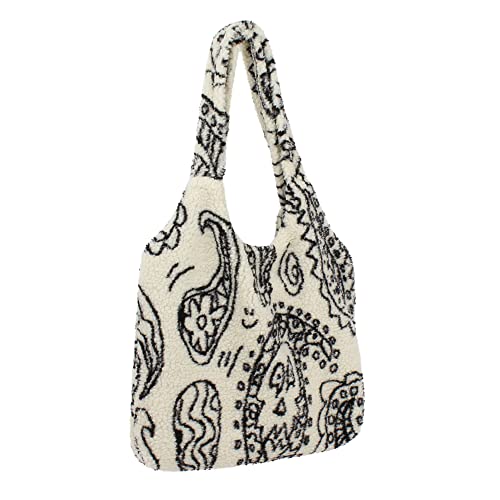 ZLM BAG US Plush Shoulder Handbag Retro Ethnic Style fluffy Tote Handbag Large faux Lamb Wool Shopping Bag