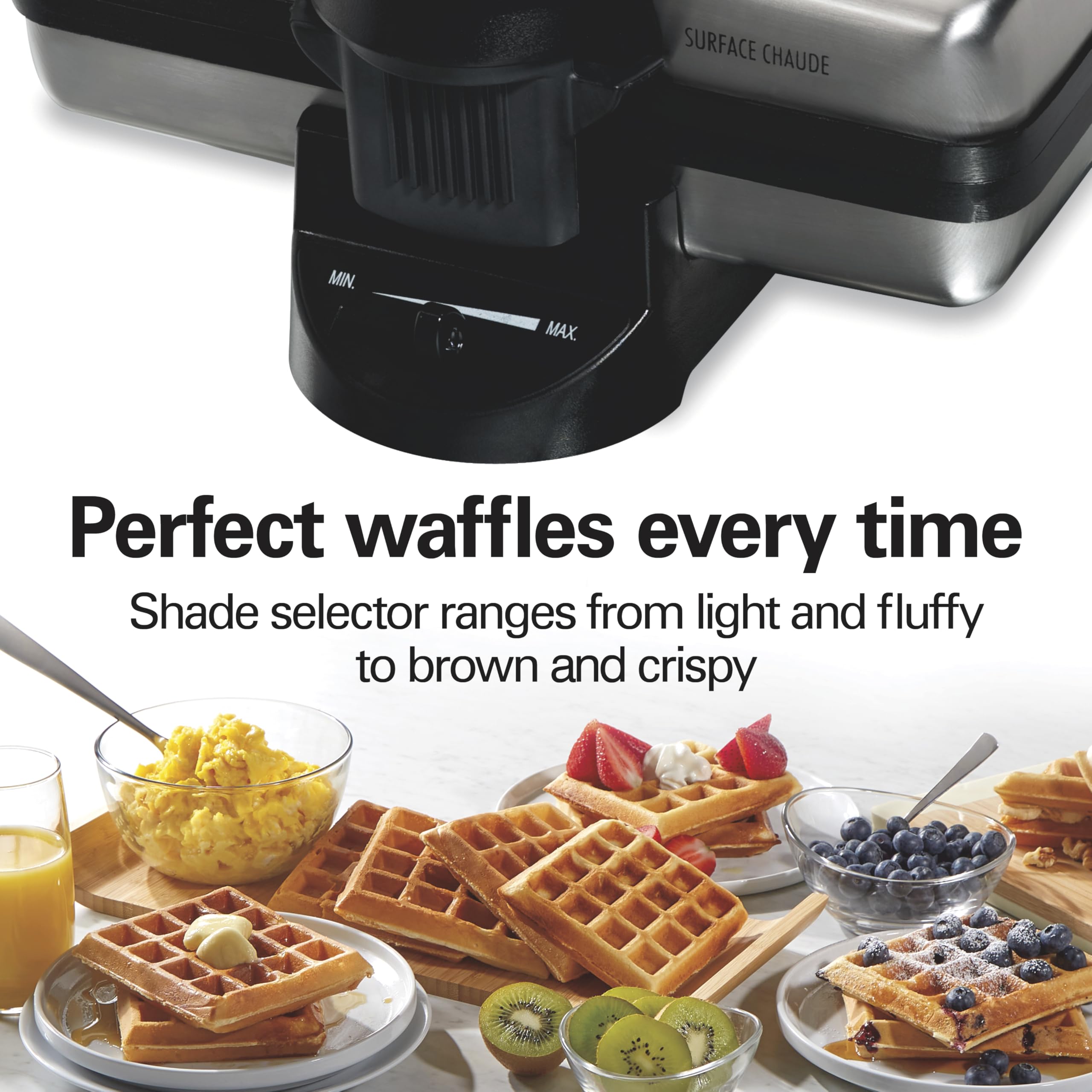 Hamilton Beach Belgian Mini Waffle Maker with Shade Control, Makes 2 at Once, Create Personalized Keto Chaffles and Hash Browns, Non-Stick Plates, Compact Design, Stainless Steel