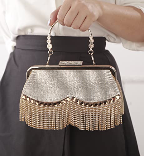 Sither Rhinestone Handbag Purses for Women Evening Handbag Purses Crystal Tassel Clutch Purses Medium Sparkly Clutches Shoulder Chain Bags for Party Prom Christmas Gift (gold)