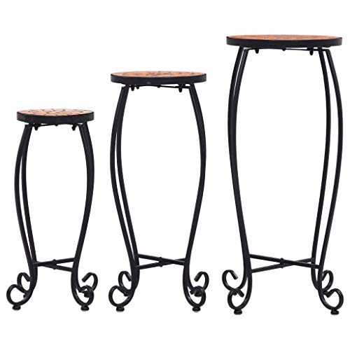 SecondBoy Set of 3 Size Outdoor Side Table Patio Table Garden Plant Stand Iron Frame Scroll Leg Round Top Mosaic Terracotta Ceramic