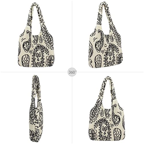 ZLM BAG US Plush Shoulder Handbag Retro Ethnic Style fluffy Tote Handbag Large faux Lamb Wool Shopping Bag