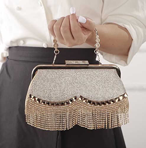 Sither Rhinestone Handbag Purses for Women Evening Handbag Purses Crystal Tassel Clutch Purses Medium Sparkly Clutches Shoulder Chain Bags for Party Prom Christmas Gift (gold)